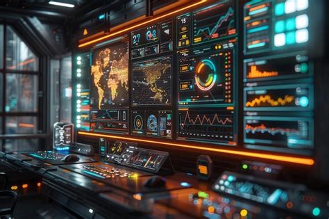 premium photo futuristic control room with multiple digital screens displaying data and analytics