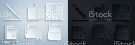 폴더 삭제 종이와 문서가 있는 Office 폴더 빈 노트 펜 파일 및 연필 지우개 선 아이콘을 설정합니다 벡터 3차원 형태에 대한 스톡 벡터 아트 및 기타 이미지 Istock