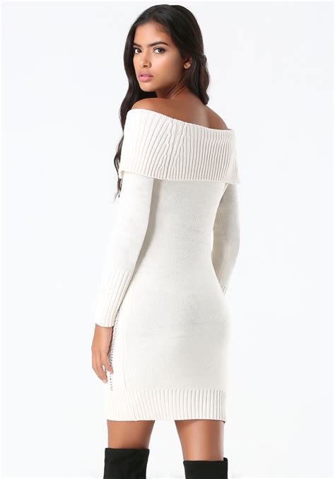 Bebe Off Shoulder Sweater Dress In White Lyst