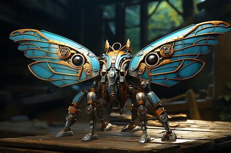 Premium Ai Image Robot Moth Perched On A Rustic Wooden Fence