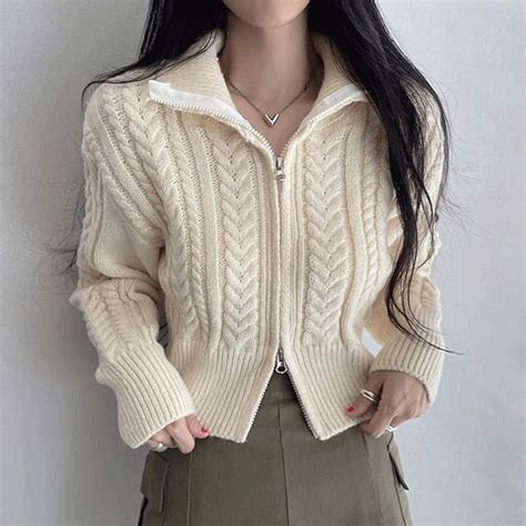 겨울까지 하이넥 도톰 꽈배기 크롭 투웨이 집업 가디건 에이블리