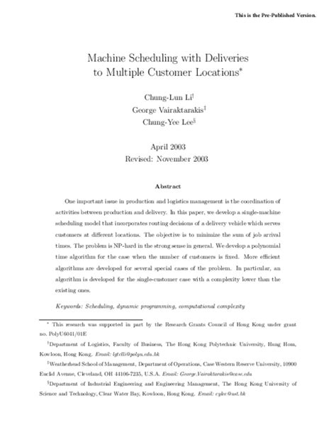 Pdf Machine Scheduling With Deliveries To Multiple Customer Locations