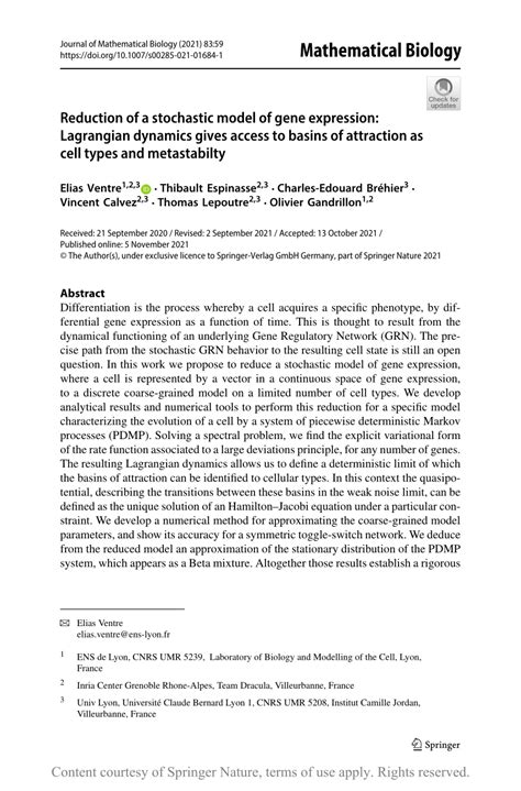 Reduction Of A Stochastic Model Of Gene Expression Lagrangian Dynamics