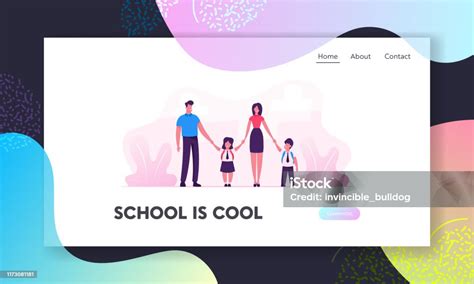 학부모 와 학교 아이 웹 사이트 방문 페이지 자녀를 대학에 이끄는 어머니와 아버지 유니폼을 입은 학생들이 손을 들고 있다 학교 웹 페이지 배너로 돌아가기 만화 플랫 벡터