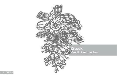 크리스마스 트리의 가지와 크리스마스 활 손으로 그린 그림입니다 새해와 크리스마스 디자인 요소입니다 인사말 카드 초대와 함께 Xmas 그래픽 빈티지 일러스트 0명에 대한 스톡