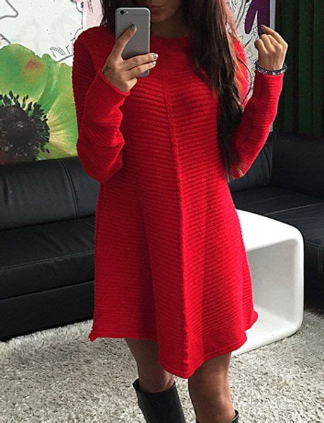 Casual Solid Color Round Collar Long Sleeve Knitted Dress For Women Red Xl In Casual Dresses