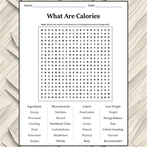 What Are Calories Word Search Puzzle Worksheet Activity Pdf