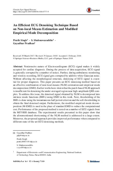 Pdf An Efficient Ecg Denoising Technique Based On Non Local Means Estimation And Modified