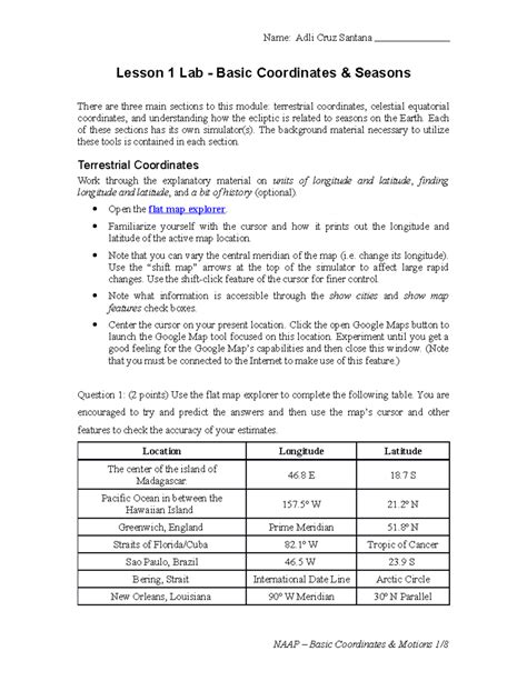 Lesson 1 Lab Basic Coordinates And Seasons Worksheet Word Name