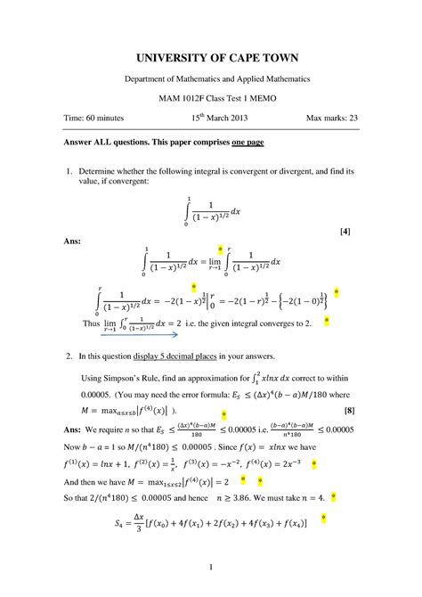 University OF CAPE TOWN F Test MEMO UNIVERSITY OF CAPE TOWN Department Of