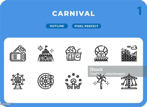 Ui에 대한 카니발 파선 윤곽 선명 아이콘 팩 웹 디자인 및 웹 사이트 응용 프로그램에 대한 픽셀 완벽한 얇은 라인 벡터 아이콘