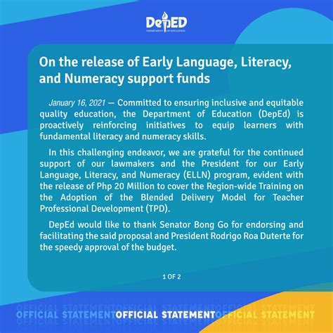 On The Release Of Early Language Literacy And Numeracy Support Funds Department Of Education