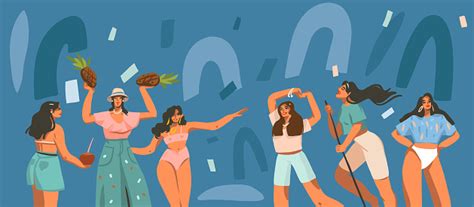 손으로 그린 벡터 추상 스톡 그래픽 일러스트 와 젊은 웃는 여성 댄스 파티 집에서 와 콜라주 모양 에 고립 된 색상 배경 가정 생활에 대한 스톡 벡터 아트 및 기타 이미지