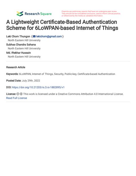 Pdf A Lightweight Certificate Based Authentication Scheme For 6lowpan Based Internet Of Things