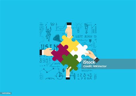 네 손이 함께 멀티 컬러 퍼즐 조각을 넣어 팀워크 협력 비즈니스 솔루션 작업 개념 4 명에 대한 스톡 벡터 아트 및 기타 이미지 Istock
