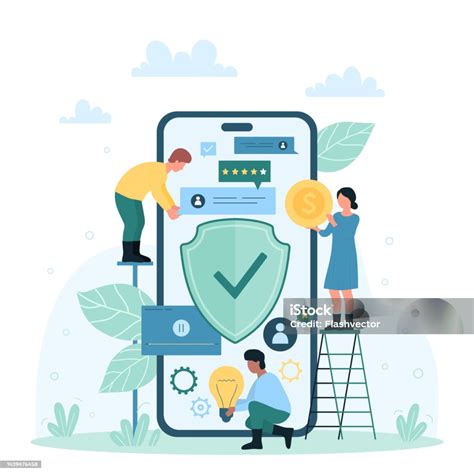 모바일 앱 안전 사이버 보안 작은 사람들이 안전한 방패로 데이터 개인 정보를 보호합니다 백신 프로그램에 대한 스톡 벡터 아트 및 기타 이미지 Istock