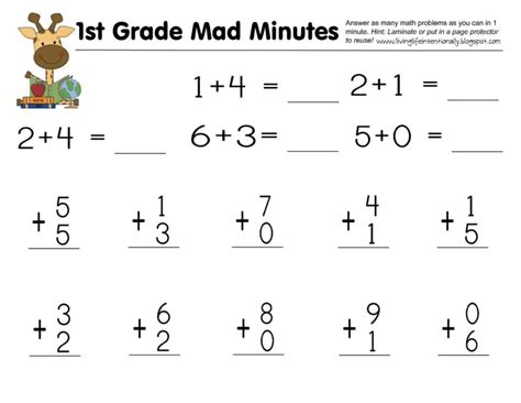 Free 1st Grade Printable Math Worksheets And First Grade Mad Minutes