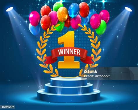 조명 및 풍선 무대 연단 파란색 배경에 시상식을 위한 무대 연단 장면 벡터 일러스트 레이 션 메달 수상대에 대한 스톡 벡터 아트