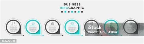 아이콘과 7가지 옵션 또는 단계가 있는 벡터 인포그래픽 디자인 비즈니스 템플릿입니다 프로세스 다이어그램 프레젠테이션 워크플로 레이아웃 배너 플로우 차트 정보 그래프에 사용할