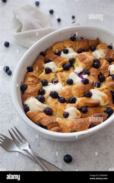 Breakfast Casserole Of Croissants With Blueberries And Vegan Cream