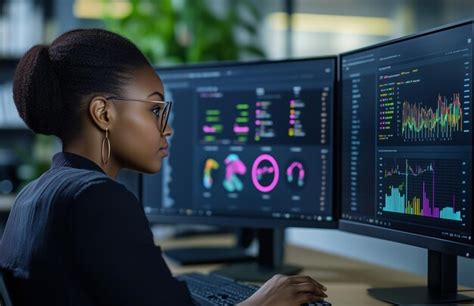 A Black Woman Analyzing Business Data On Two Monitors In A Modern Office Premium Ai Generated