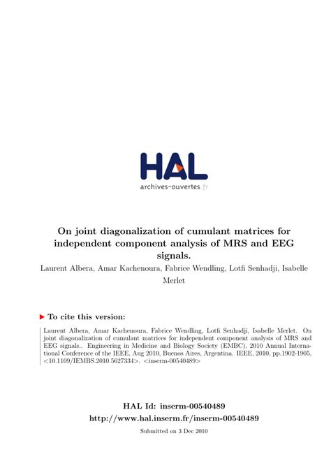 Pdf On Joint Diagonalization Of Cumulant Matrices For Independent Component Analysis Of Mrs