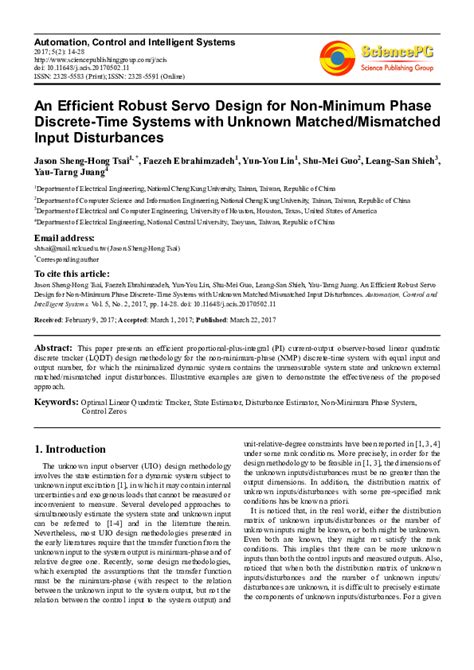 Pdf An Efficient Robust Servo Design For Non Minimum Phase Discrete Time Systems With Unknown