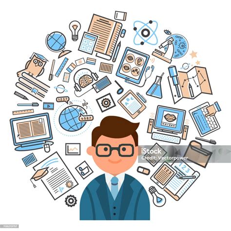 학교 소년 또는 학생 유니폼에 장비 배너 벡터 일러스트입니다 다른 학교 용품 문구 류 잡화 서적 등 교육 개념입니다 현미경 망원경 컴퓨터 개념에 대한 스톡 벡터 아트 및