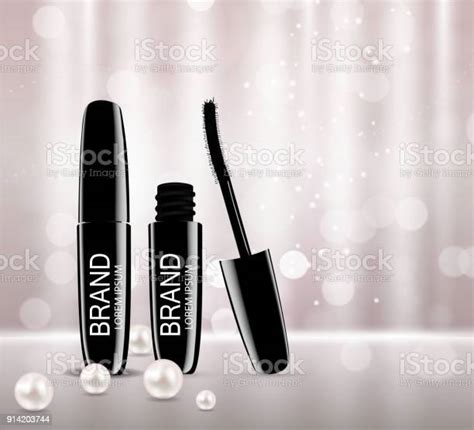 광고 또는 잡지 배경을 위한 패션 디자인 메이크업 화장품 제품 템플릿 마스카라 제품 시리즈 Reportv 3d 현실적인 벡터 Iillustrati 3차원 형태에 대한 스톡