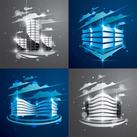 사무실 건물 세트 흐릿한 조명과 눈부신 효과가 있는 현대 건축 벡터 삽화 부동산 부동산 비즈니스 센터 파란색과 단색 디자인 대도시의 3d 미래 외관 프리미엄 벡터