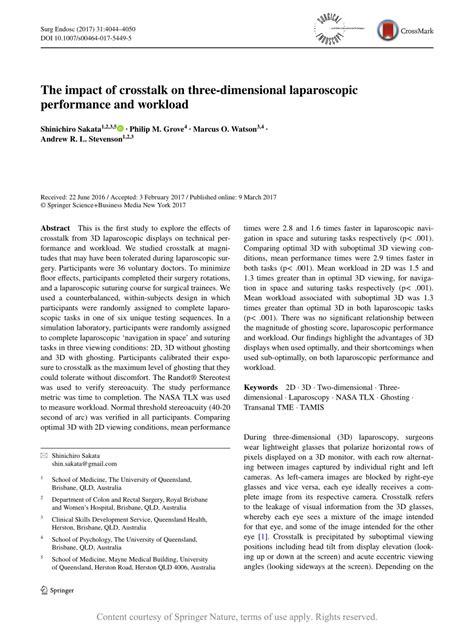 The Impact Of Crosstalk On Three Dimensional Laparoscopic Performance And Workload Request Pdf