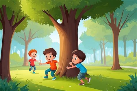 Niños Jugando A Las Escondidas En El Parque Foto Premium