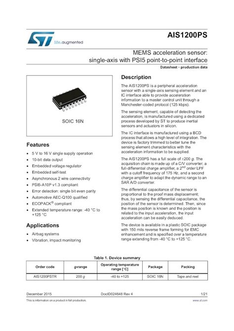 PDF MEMS Acceleration Sensor Single Axis With PSI5 Point To RTN Bus Low Side 15 HV