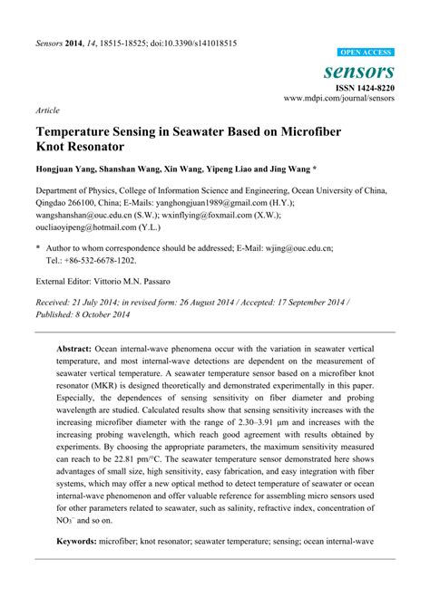 Pdf Temperature Sensing In Seawater Based On Microfiber Knot Resonator