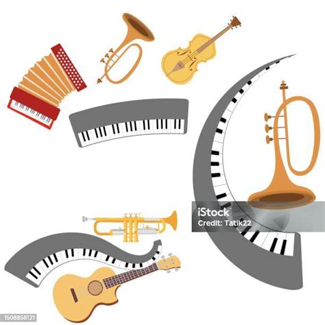 악기 트럼펫 바이올린 아코디언 기타 피아노 티셔츠 엠블럼 콘서트 음악 학교에 사용할 수 있습니다 0명에 대한 스톡 벡터 아트 및 기타 이미지 Istock