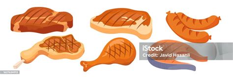 고기 안심 만화 도살장 스테이크 바비큐 구운 돼지고기 요리 생고기 갈비 양고기 등심 신선한 제품 개념 벡터 세트 도살장 스테이크 그림 안심에 대한 스톡 벡터 아트 및 기타