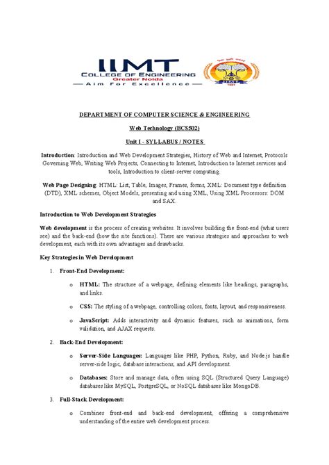 Wt Unit 1 Notes Department Of Computer Science And Engineering Web Technology Bcs502 Unit I