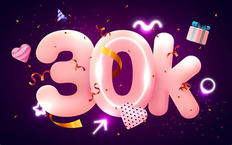 30k 또는 30000 추종자는 핑크 하트 황금 색종이와 네온 사인감사합니다 소셜 네트워크 친구 추종자 웹 사용자 감사 구독자 또는 추종자 및 좋아요를 축하합니다 30 킬로