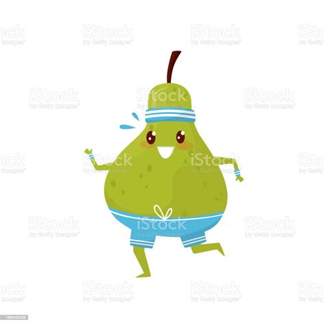 재미 있는 녹색 배 실행 좋아하는 과일 만화 캐릭터는 흰색 바탕에 피트 니스 운동 벡터 일러스트 레이 션을 하 고 개념에 대한 스톡 벡터 아트 및 기타 이미지 Istock