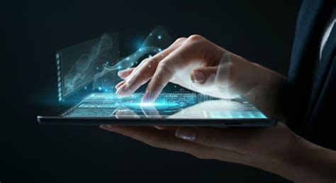 Futuristic Technology Scene Featuring A Person Interacting With A Digital Tablet Stock