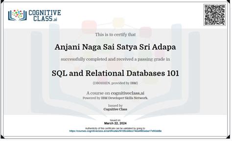 anjani naga sai satya sri adapa on linkedin certification sql databasemanagement ibm