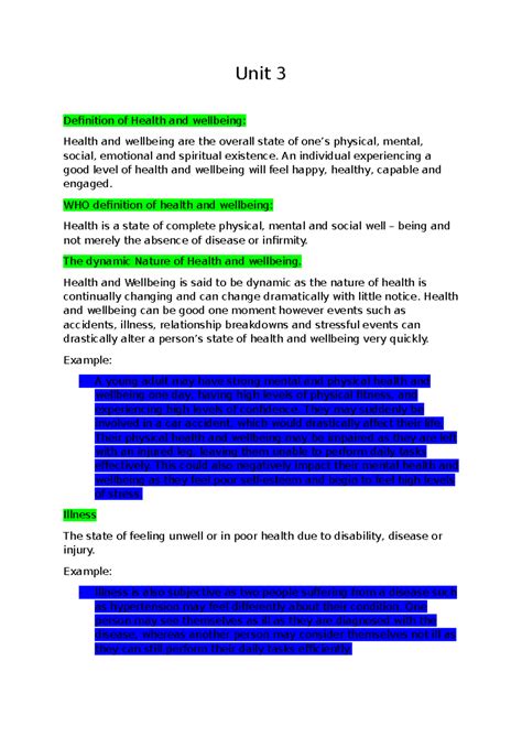 HHD Exam Revision Notes Unit 3 Definition Of Health And Wellbeing Health And Wellbeing Are