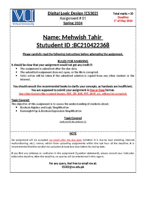 Spring 2024 CS302 1 Assignment 1 Solution Digital Logic Design CS302
