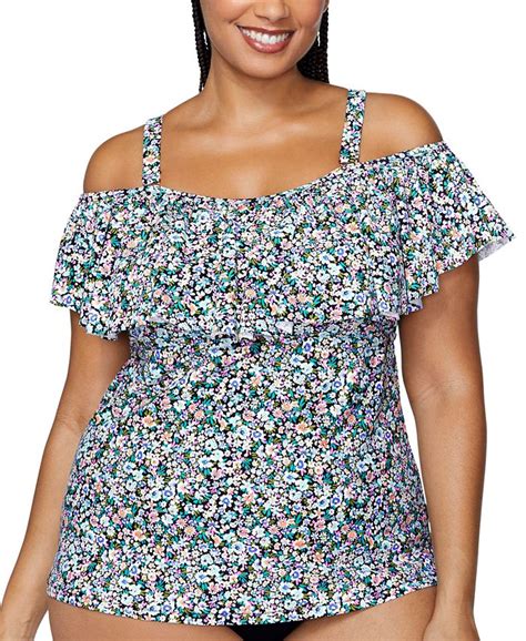 Raisins Curve Trendy Plus Size Tortuga Ruffled Off The Shoulder Tankini