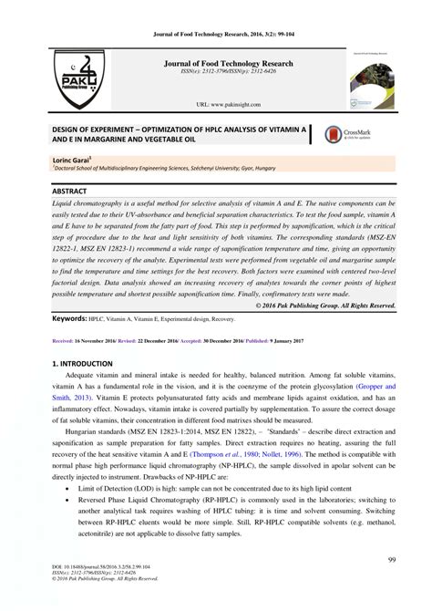 Pdf Design Of Experiment Optimization Of Hplc Analysis Of Vitamin A And E In Margarine And