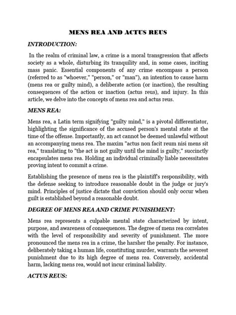 Mens Rea And Actus Reus Pdf Mens Rea Criminal Law