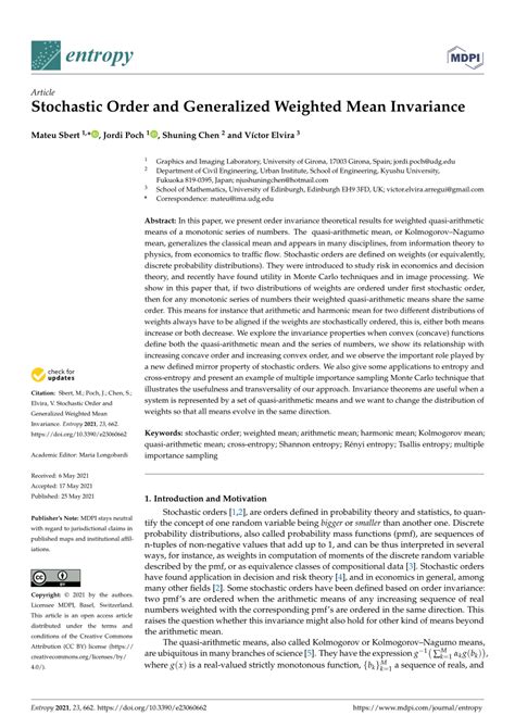 Pdf Stochastic Order And Generalized Weighted Mean Invariance