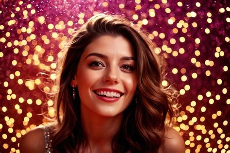 Extremely Happy Girl On Glitter Background Smiling Premium Ai