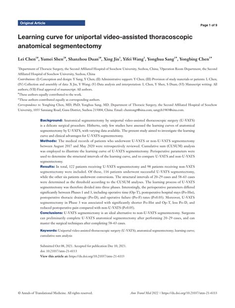 Pdf Learning Curve For Uniportal Video Assisted Thoracoscopic Anatomical Segmentectomy
