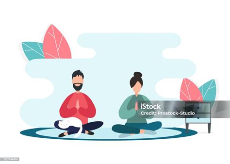 남자와 여자는 집에서 함께 요가를하고 흰색 배경 플랫 스타일의 벡터 일러스트레이션 애완고양이에 대한 스톡 벡터 아트 및 기타